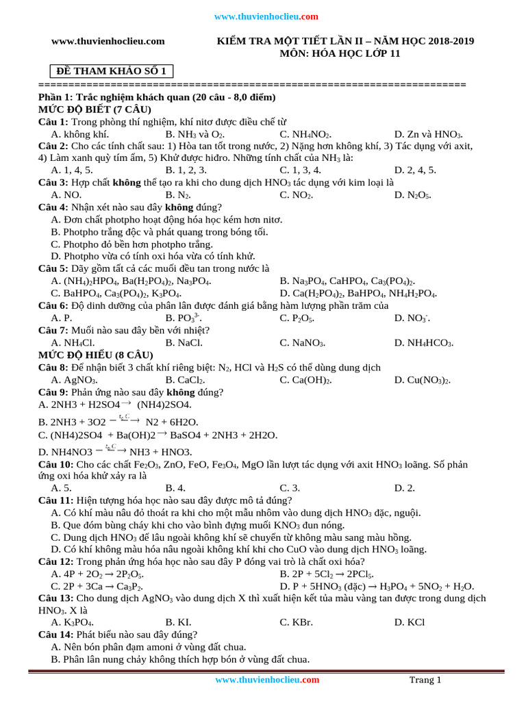 10 de Kiem Tra 1 Tiet Chuong 2 Hoa 11 Co Dap An 1 | PDF