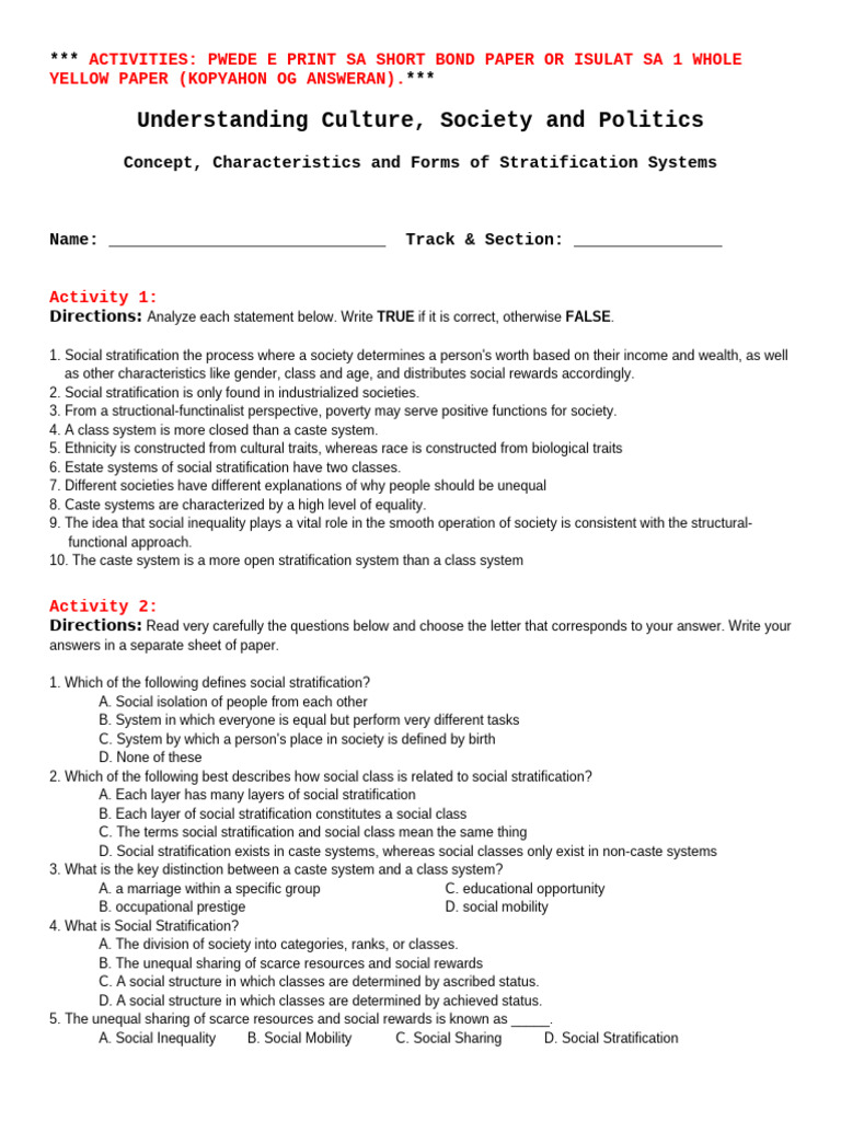 No. 3 UCSP Activities Stratification Systems | PDF | Social Stratification | Social Status