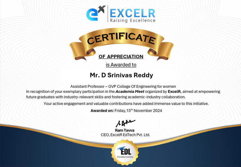 ExcelR Certificate of Appreciation Award | PDF