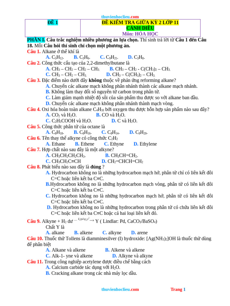 De Thi Giua HK2 Hoa 11 Canh Dieu Cau Truc Moi de 1 Hay | PDF