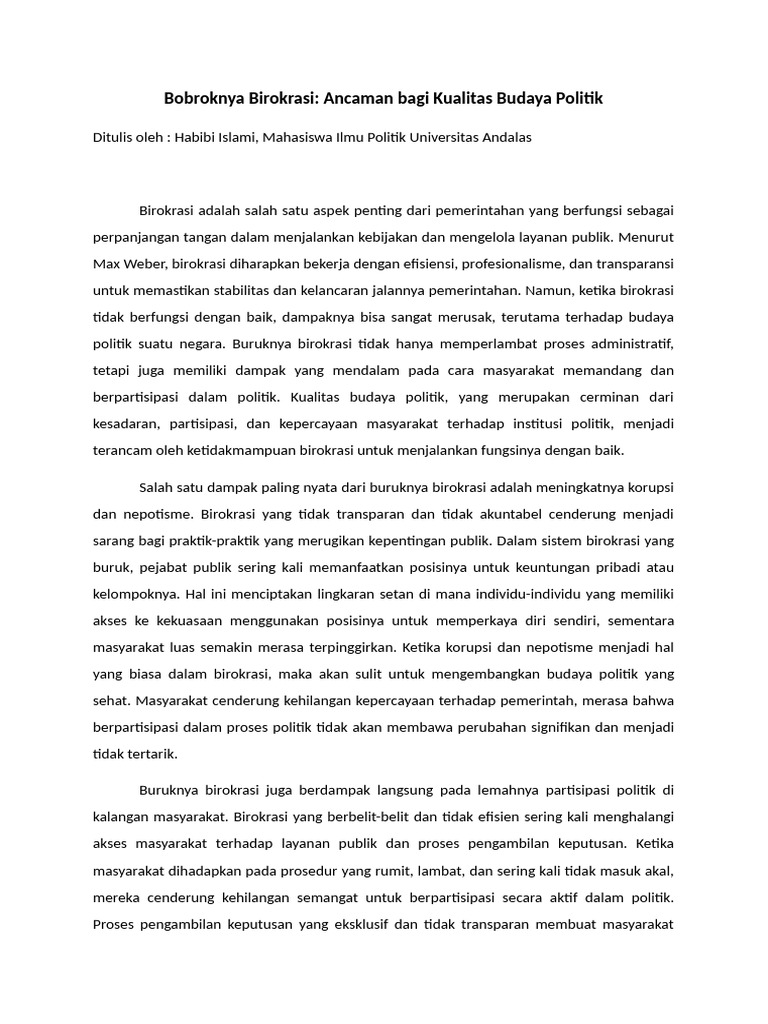 Birokrasi Buruk, Budaya Politik Terancam | PDF