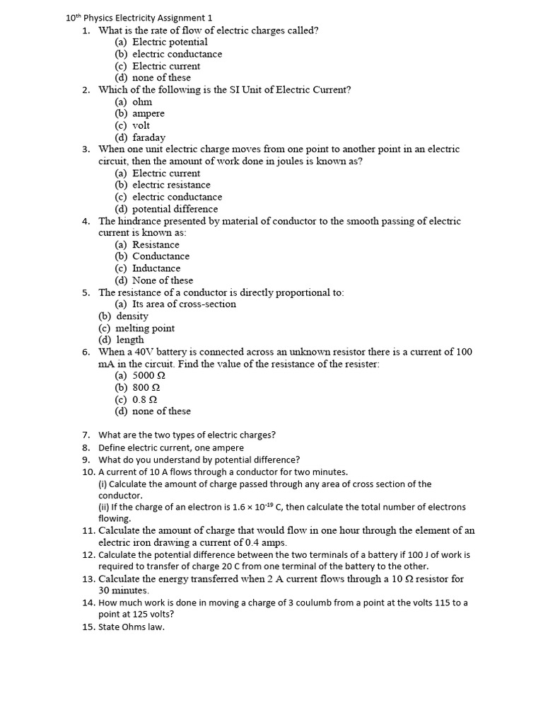 Class 10 Electricity Assignment 1 | PDF | Electric Current | Electrical ...