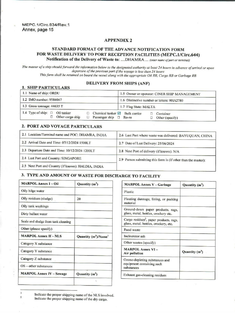 MEPC Waste Declaration Form | PDF