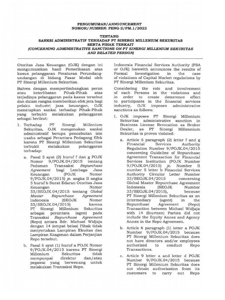 Bagi PENG - OJK Tetapkan Sanksi Administratif Terhadap PT Sinergi ...