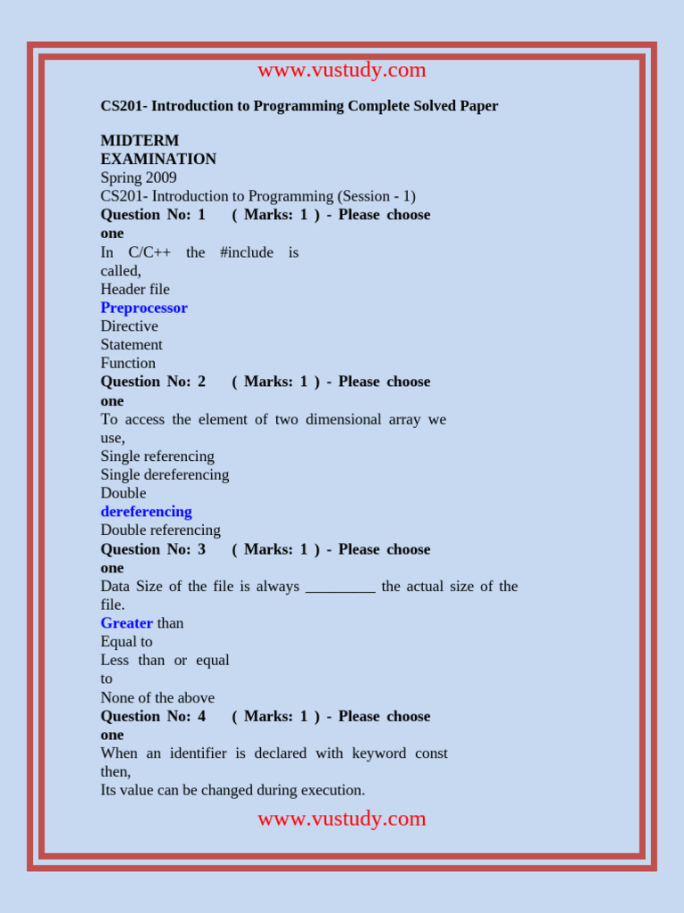 CS201 Midterm Solved MCQs With Reference | PDF | Pointer (Computer Programming) | C (Programming ...