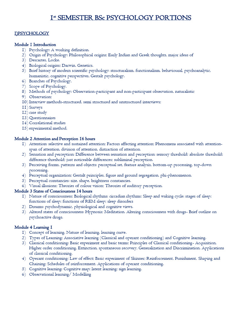 BSc Psychology 1st Semester Syllabus | PDF | Perception | Psychology