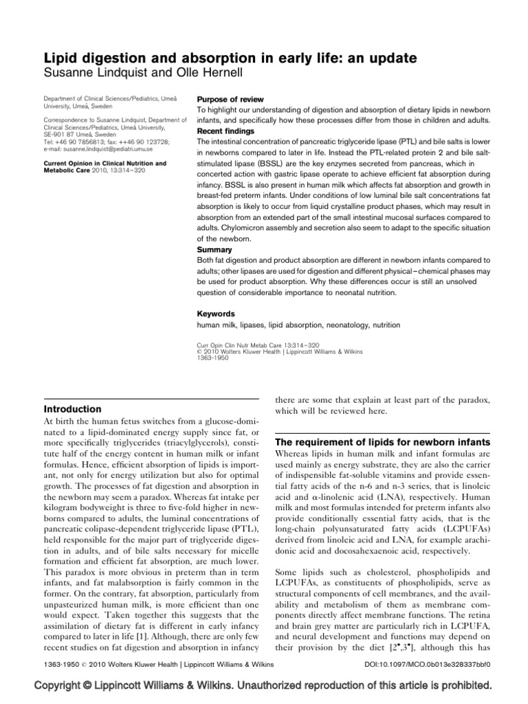 Lipid Digestion and Absorption in Early Life | PDF | Fat | Organic ...