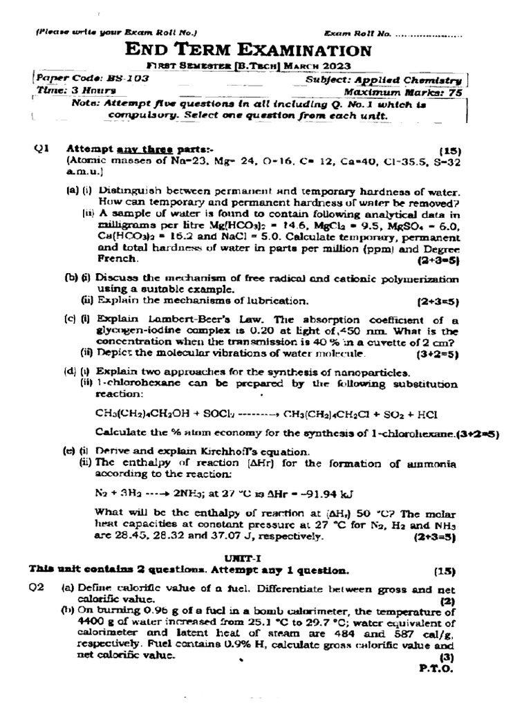 Btech 1 Sem Applied Chemistry Bs 103 Mar 2023 | PDF