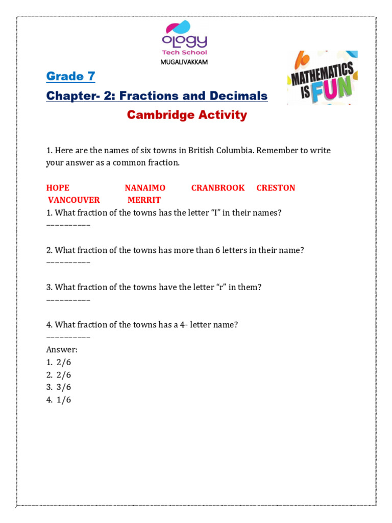 Class 7 - Chapter 2 - Fractions and Decimals - Cambridge Activity | PDF ...