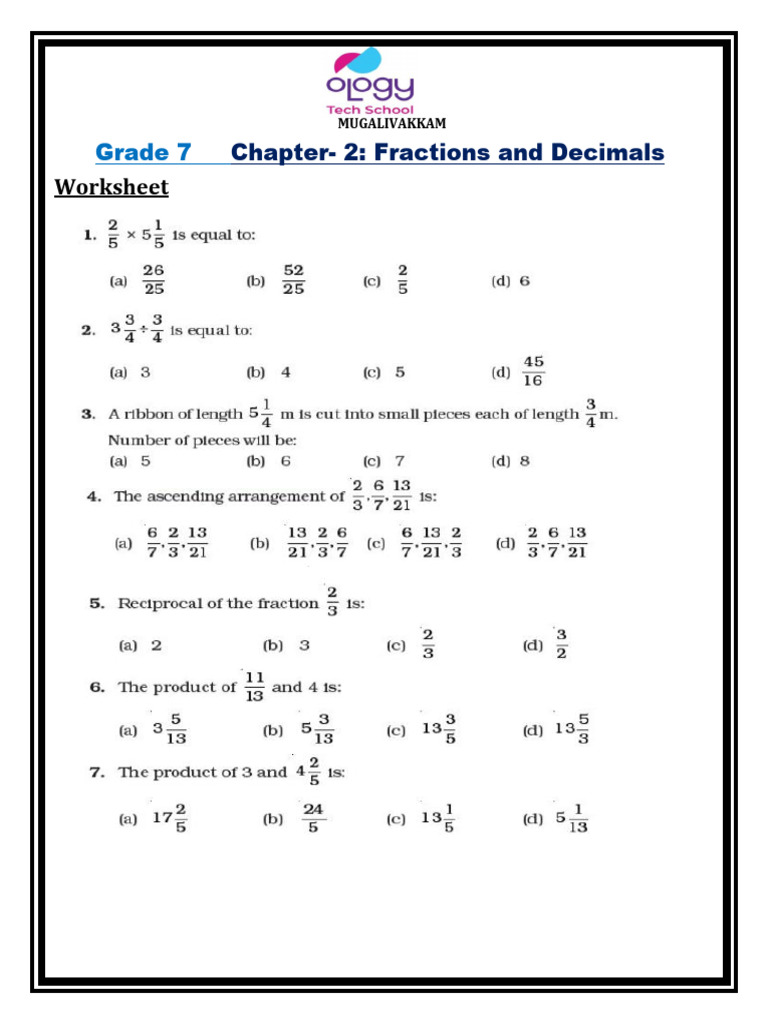 Class 7 - Chapter 2 - Fractions and Decimals - Worksheet | PDF ...