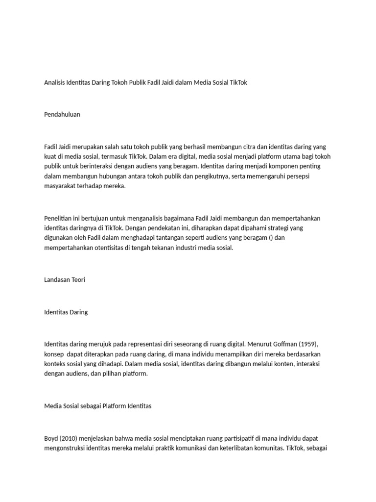 Analisis Identitas Daring Tokoh Publik Fadil Jaidi Dalam Media Sosial TikTok | PDF