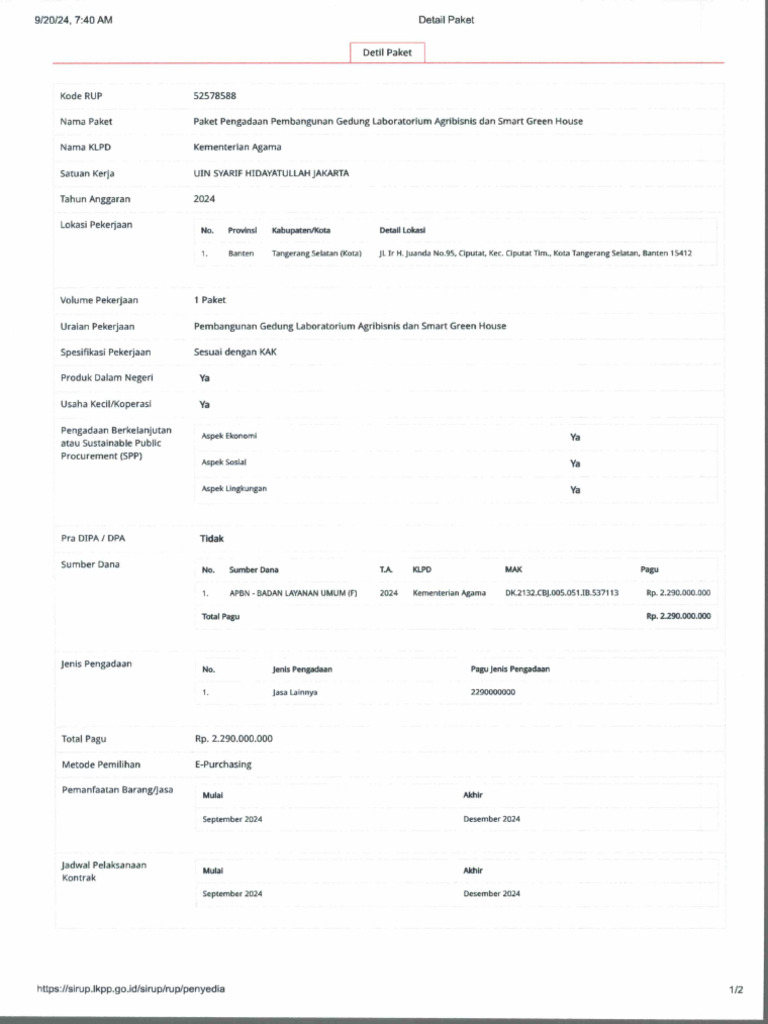 1. Detail Paket RUP Pembangunan Lab Agribisnis Di PPG UIN Jakarta | PDF