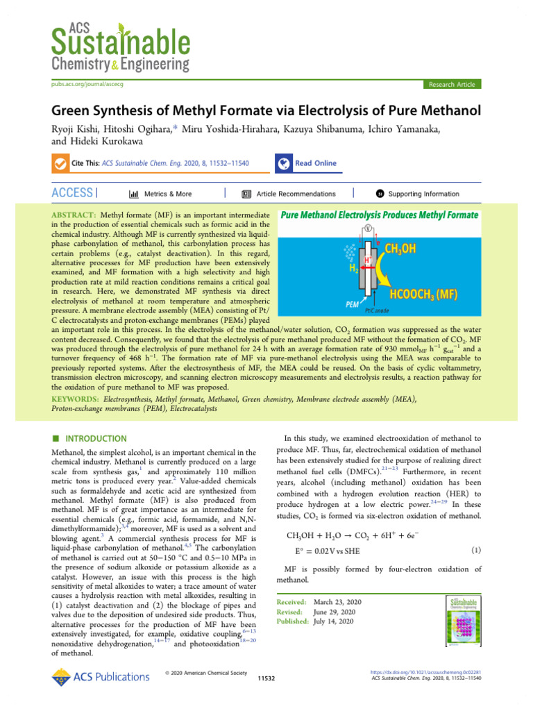 Kishi Et Al 2020 Green Synthesis of Methyl Formate via Electrolysis of Pure Methanol | PDF ...