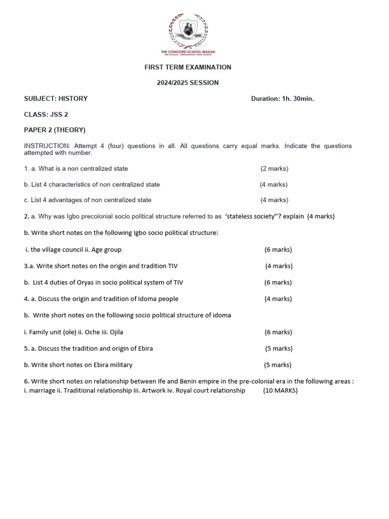 HISTORY JSS 2 FIRST TERM EXAMINATION 2024 | PDF