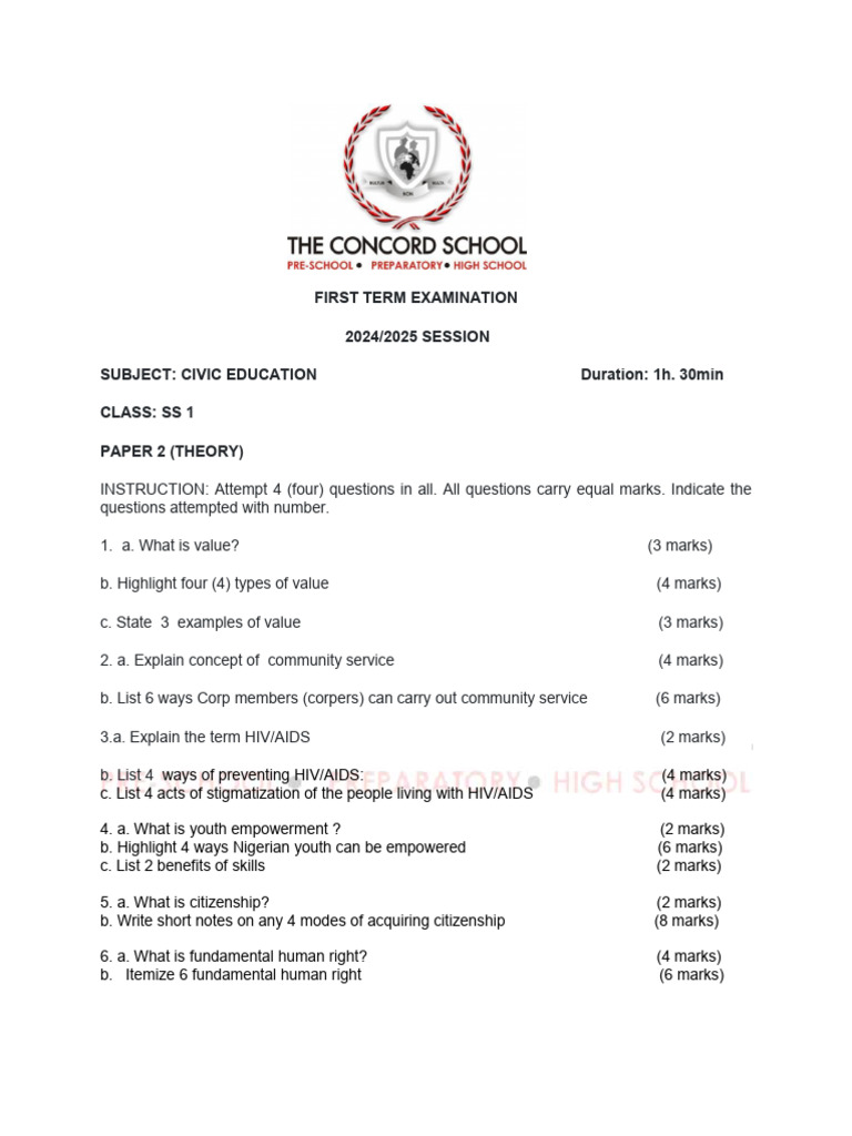Civic Education Exam: SS1 Theory 2024 | PDF