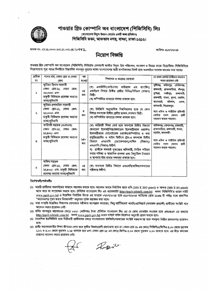 Power Grid Bangladesh PLC Circular 2024 | PDF
