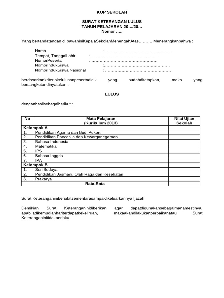 Surat Keterangan Lulus (SKL) SD, SMP, SMA, SMK Terbaru - WWW ...