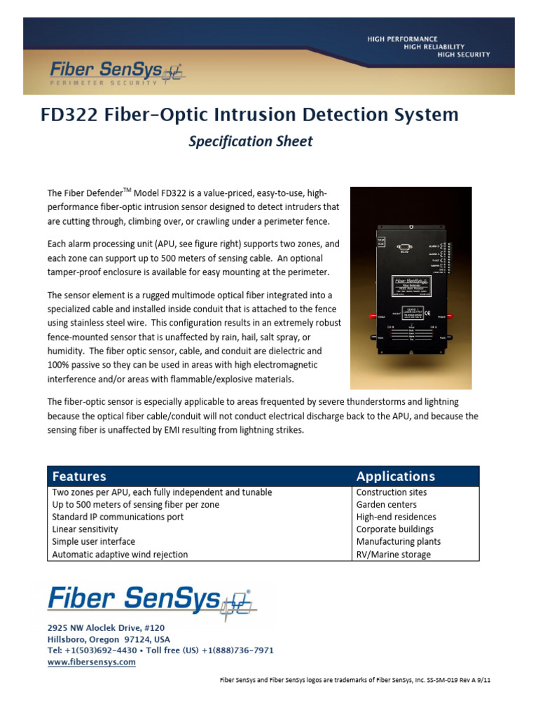 SS-SM-019 FD322 Specification Sheet Rev A 0911 | PDF | Optical Fiber ...