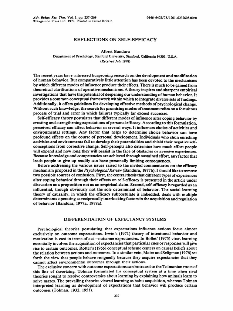 Bandura 1978 | PDF | Self Efficacy | Thought