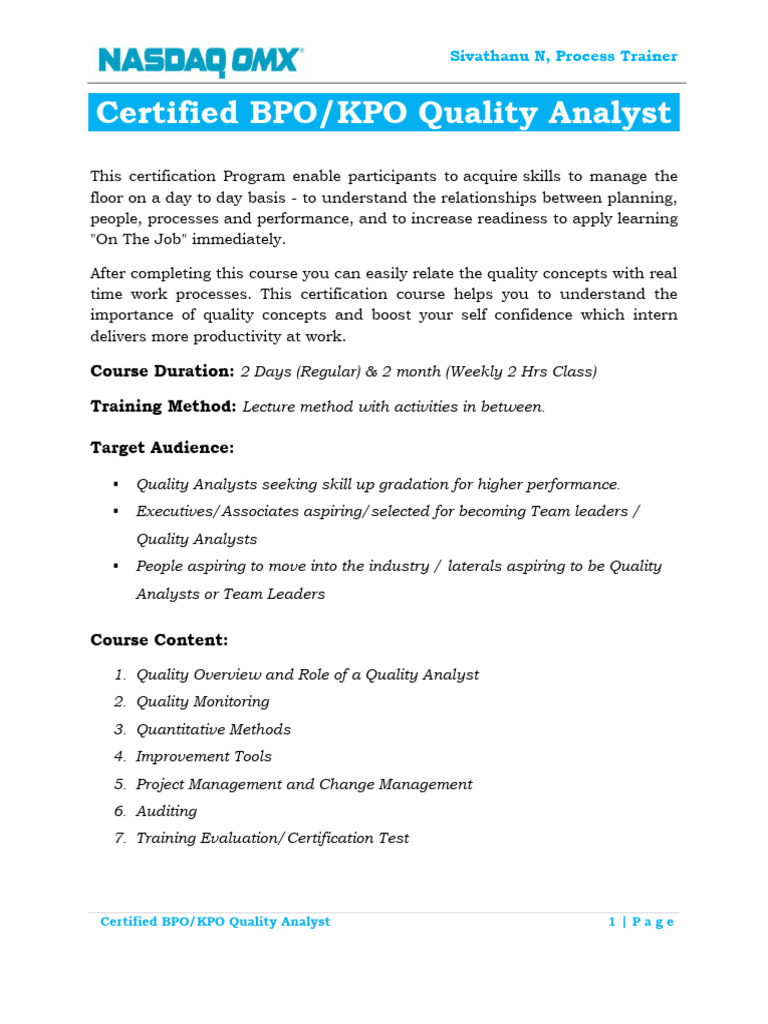 Certified BPO-KPO Quality Analyst | PDF | Audit | Internal Audit
