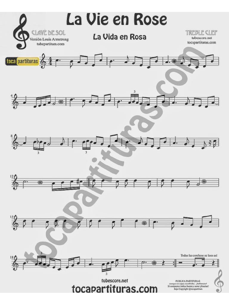 La Vie en Rose PARTITURA Fácil en Clave de Sol para Violín Flauta Oboe ...