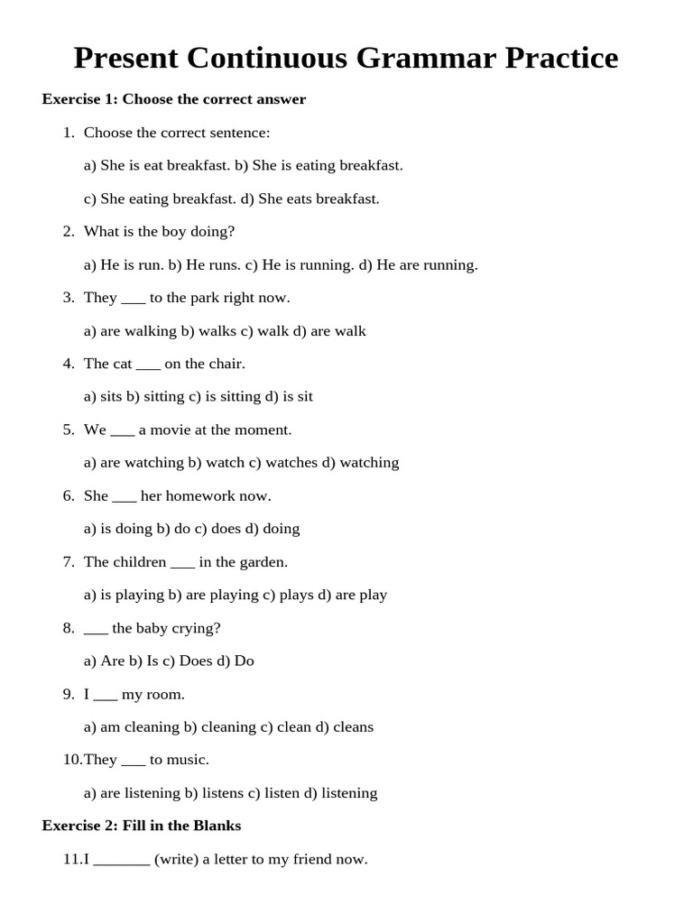 Present Continuous Grammar Practice | PDF