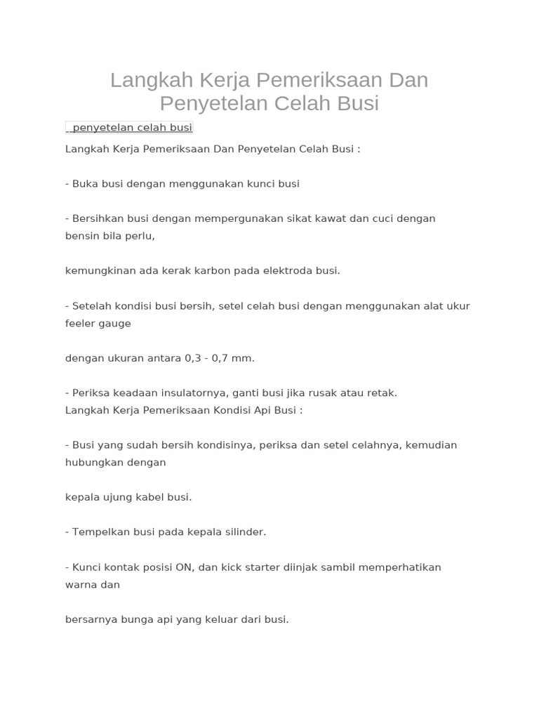 Langkah Kerja Pemeriksaan Dan Penyetelan Celah Busi | PDF