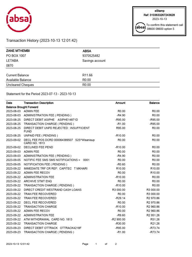Asiphe Debit Order Statement Summary | PDF | Debit Card | Financial ...