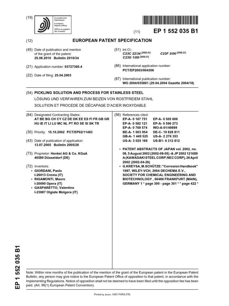 EP1552035B1 Pickling Solution and Process For SS | PDF | Acid | Steel