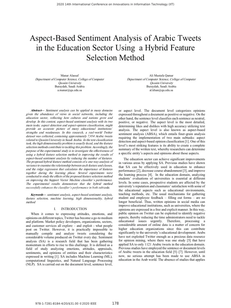 Aspect-Based Sentiment Analysis of Arabic Tweets in The Education Sector Using A Hybrid Feature ...