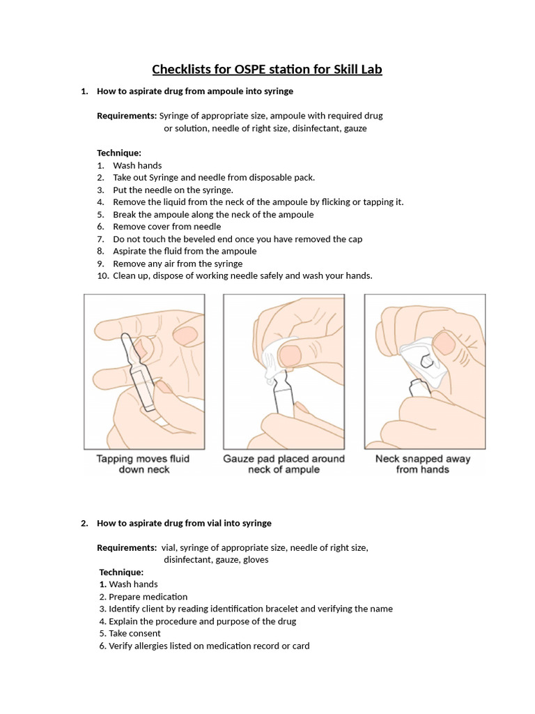 Checklists for OSPE station for Skill Lab | PDF | Injection (Medicine) | Syringe