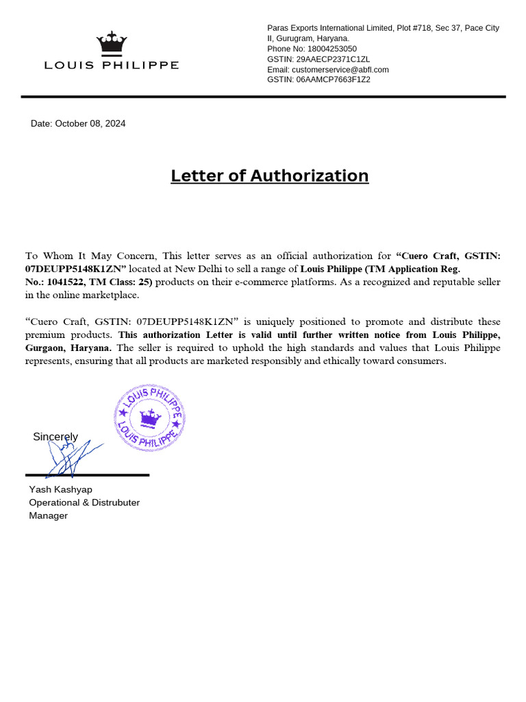 Paras Export Authorization Letter | PDF