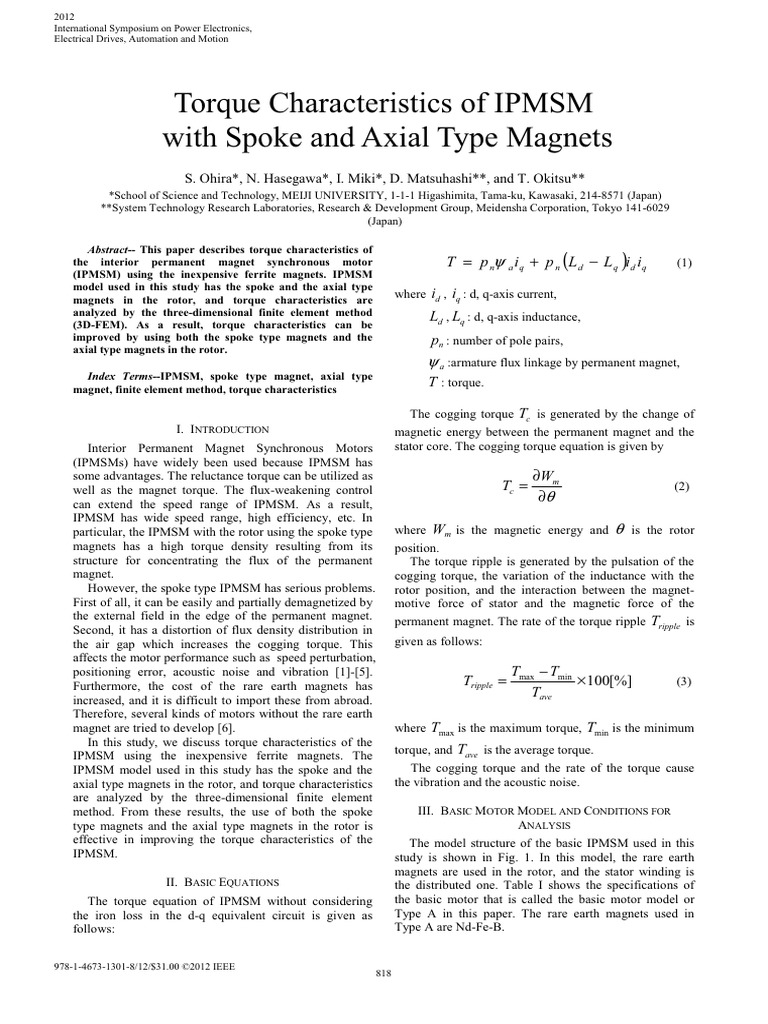 Torque Characteristics of IPMSM With Spoke and Axial Type Magnets | PDF ...