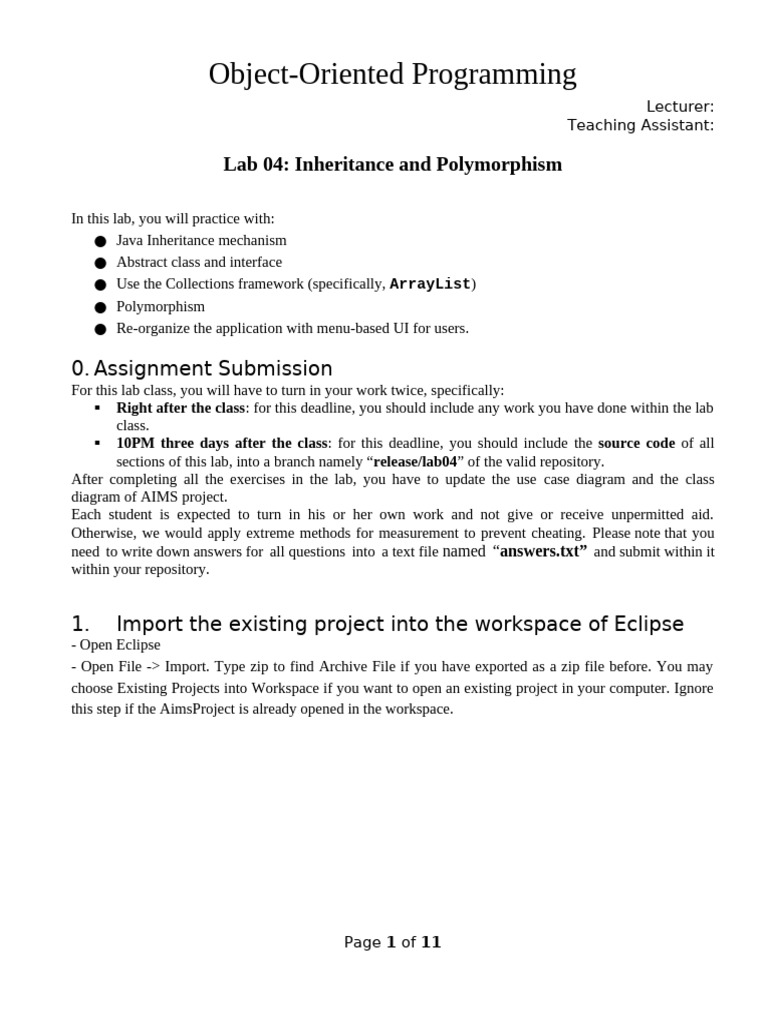 Oop Lab04 Inheritancepolymorphism Pdf Method Computer Programming