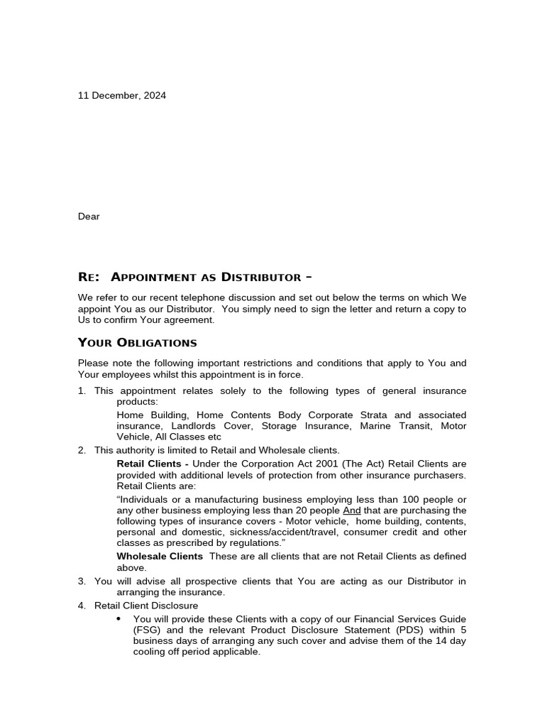 Distributor Appointment Agreement Template | PDF | Insurance | Invoice