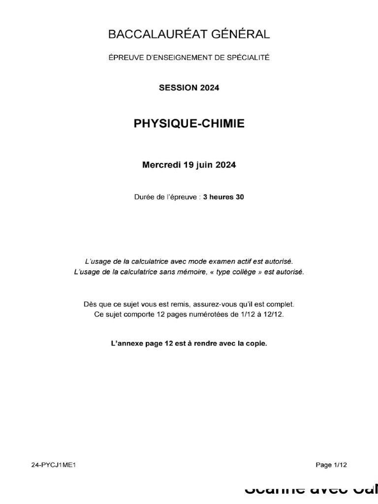 Spe Physique Chimie 2024 Metropole 1 Sujet Officiel | PDF