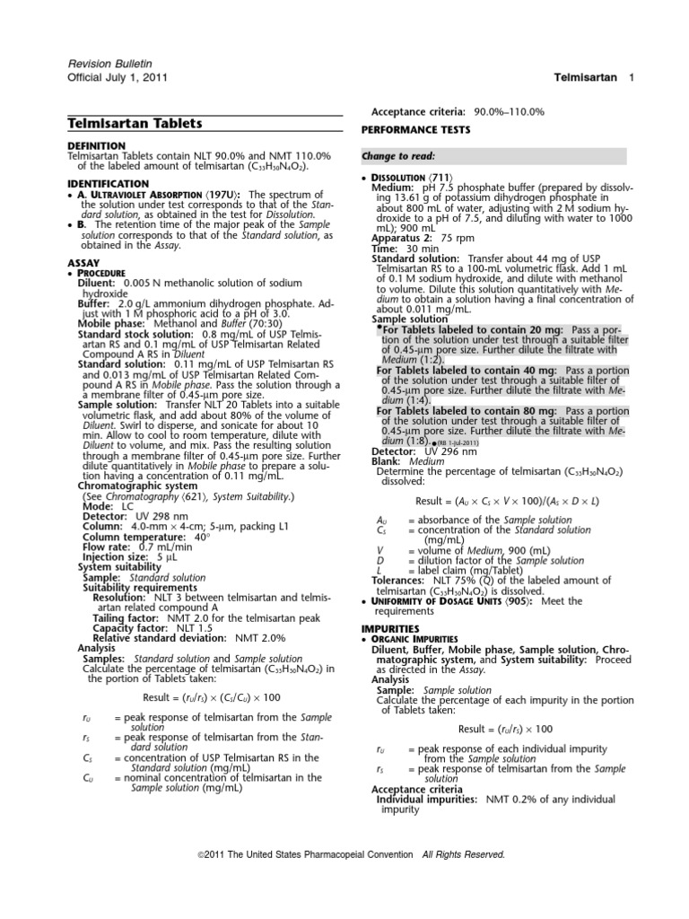 Monograph Telmisartan Tablets[1] | Chromatography | Buffer Solution