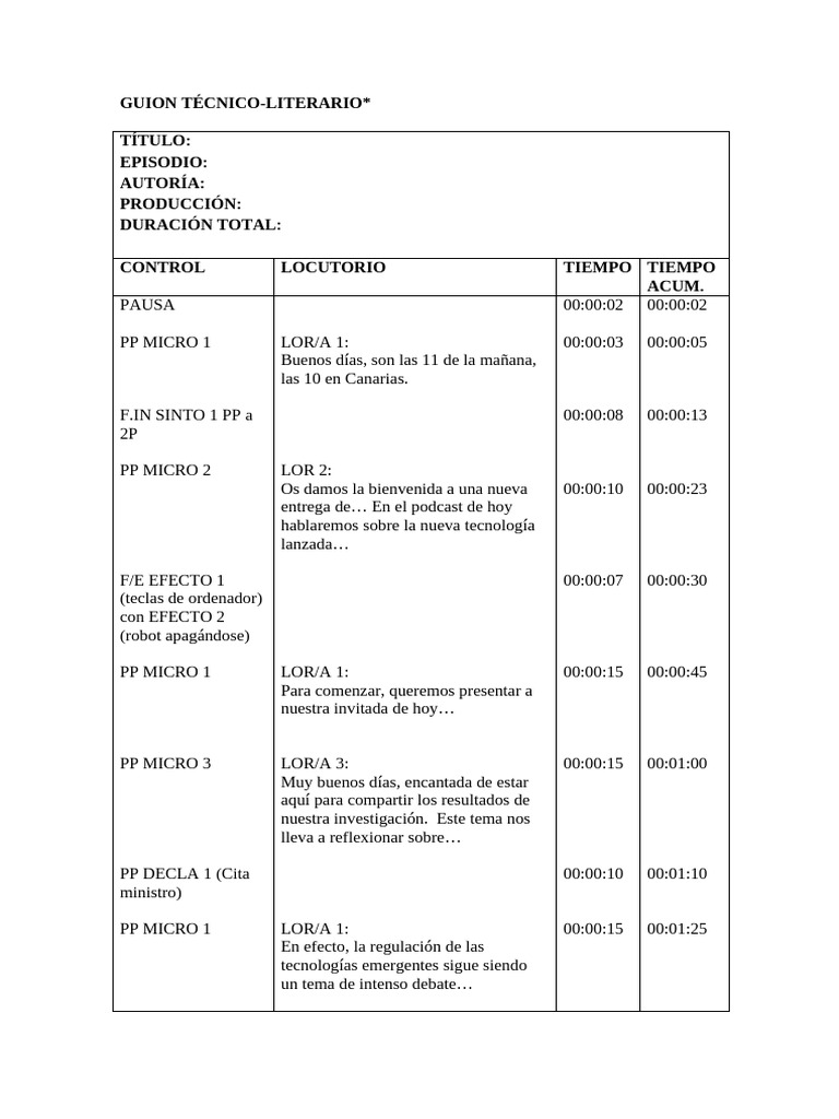 Plantilla Guion Técnico-Literario | PDF | Micrófono