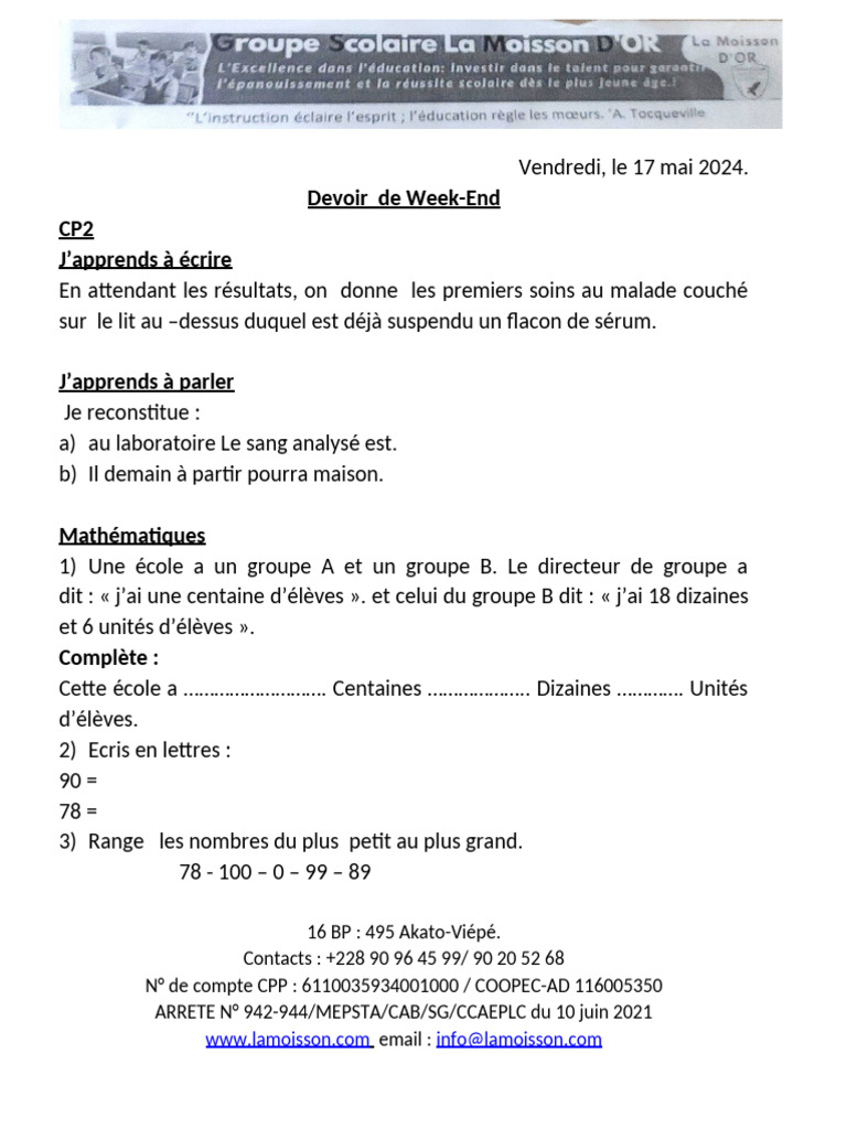 Devoirs CP2 : Mathématiques et Langage | PDF