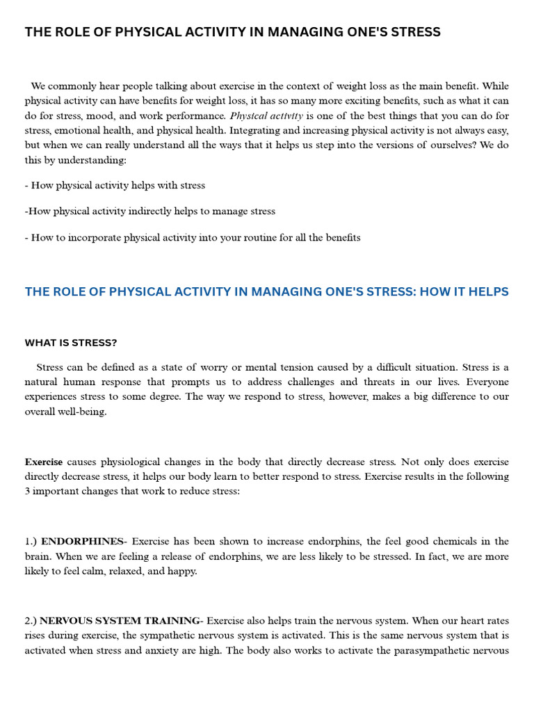 Managing Stress Through Physical Activity | PDF | Stress (Biology) | Sleep