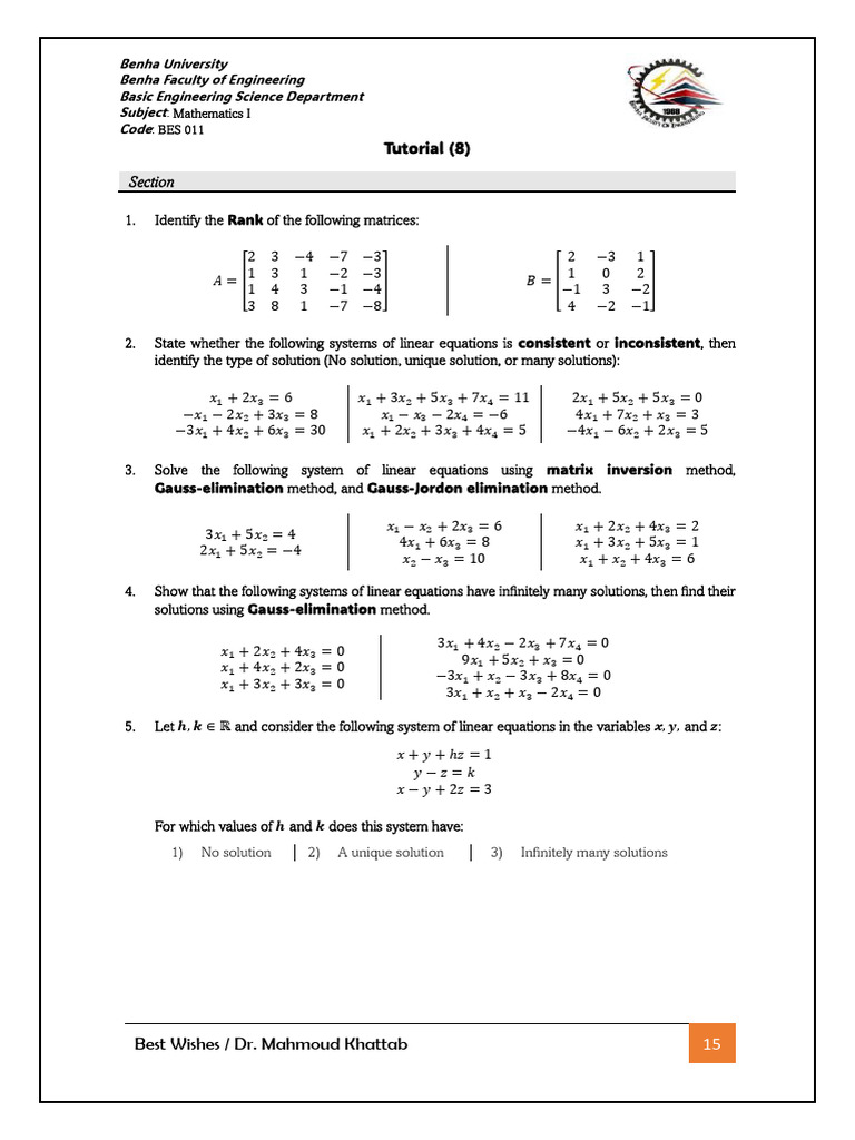 tutorial 8 - week 8 - math I | PDF | System Of Linear Equations ...
