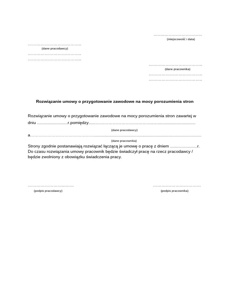 Wzór Rozwiązania Umowy o Pracę Na Mocy Porozumienia Stron | PDF