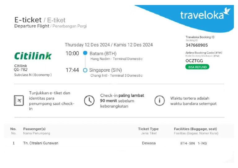 E Ticket Traveloka TN Citralani Gunawan | PDF