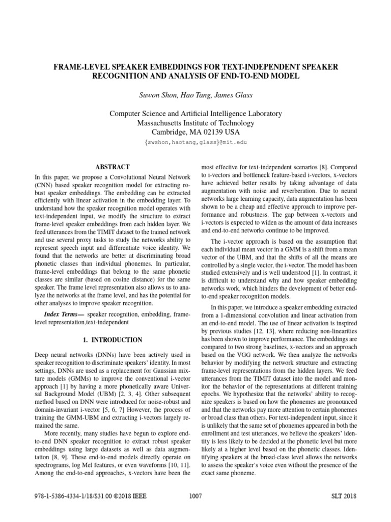 4 - Frame Level Speaker Embeddings For Text Independent Speaker Recognition and Analysis of End ...
