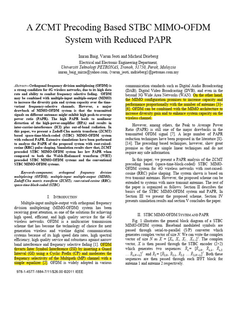 A ZCMT Precoding Based STBC MIMO-OFDM - 2011 | PDF | Orthogonal Frequency Division Multiplexing ...