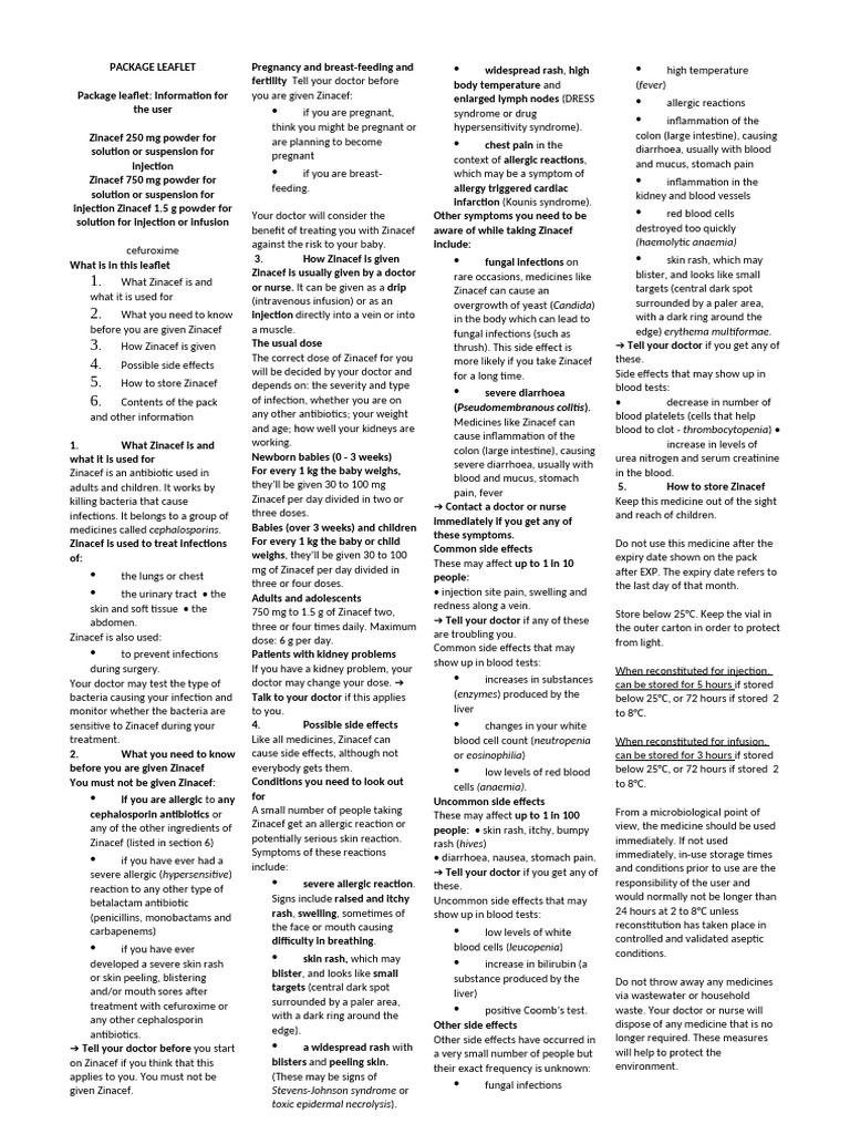 Zinacef Injection: Usage & Safety Guide | PDF | Allergy | Dose ...