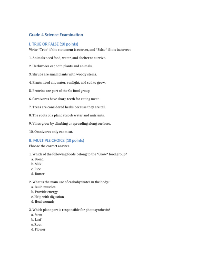 Grade 4 Science Exam | PDF | Foods | Plants