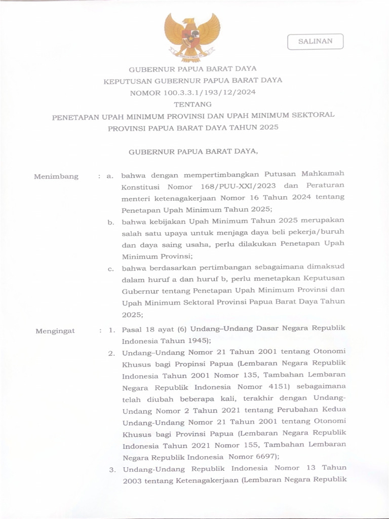 SK UMP UMSP Papua Barat Daya 2025 | PDF