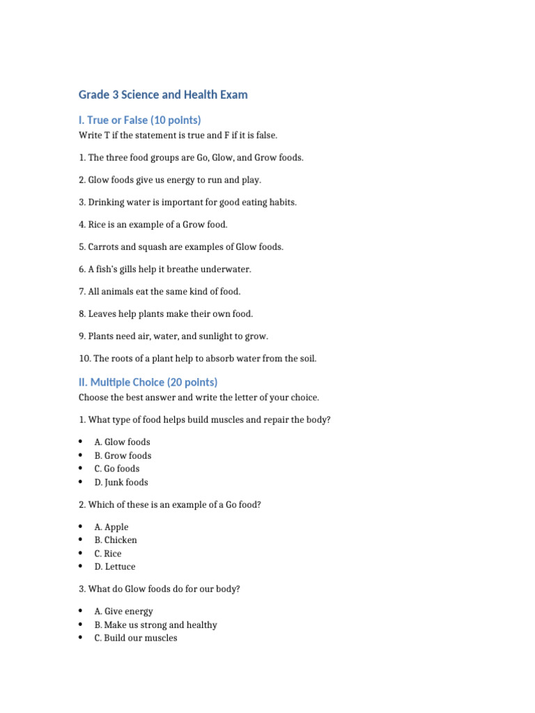 Grade 3 Science and Health Exam | PDF | Foods | Plants