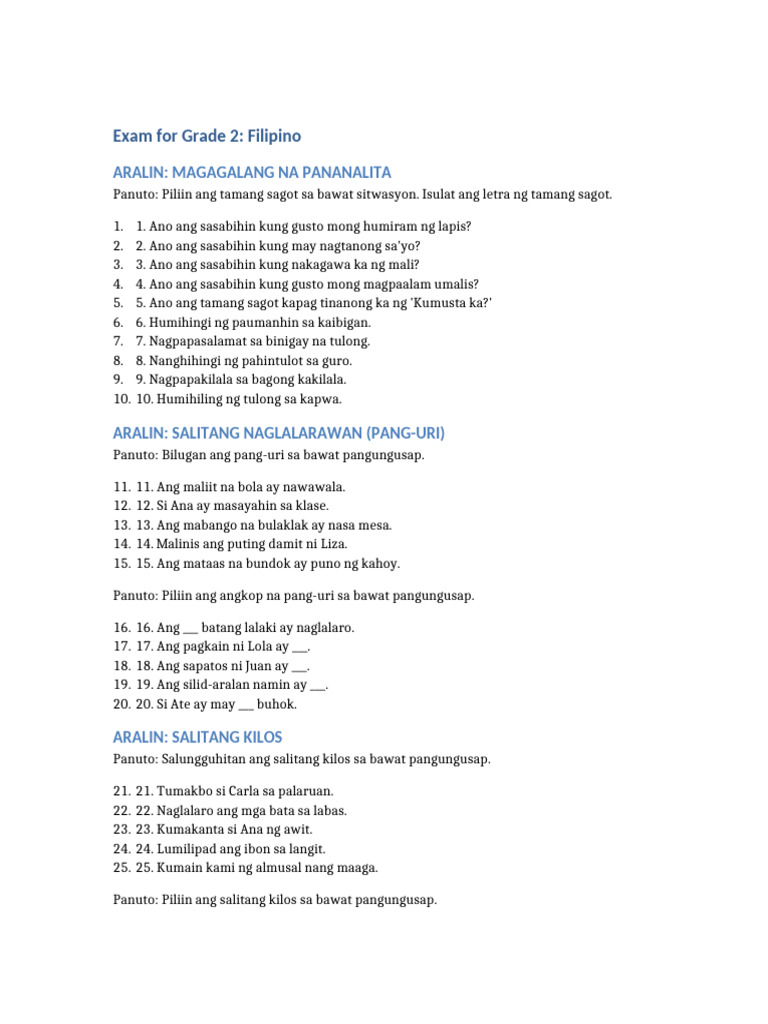Grade 2 Filipino Exam | PDF